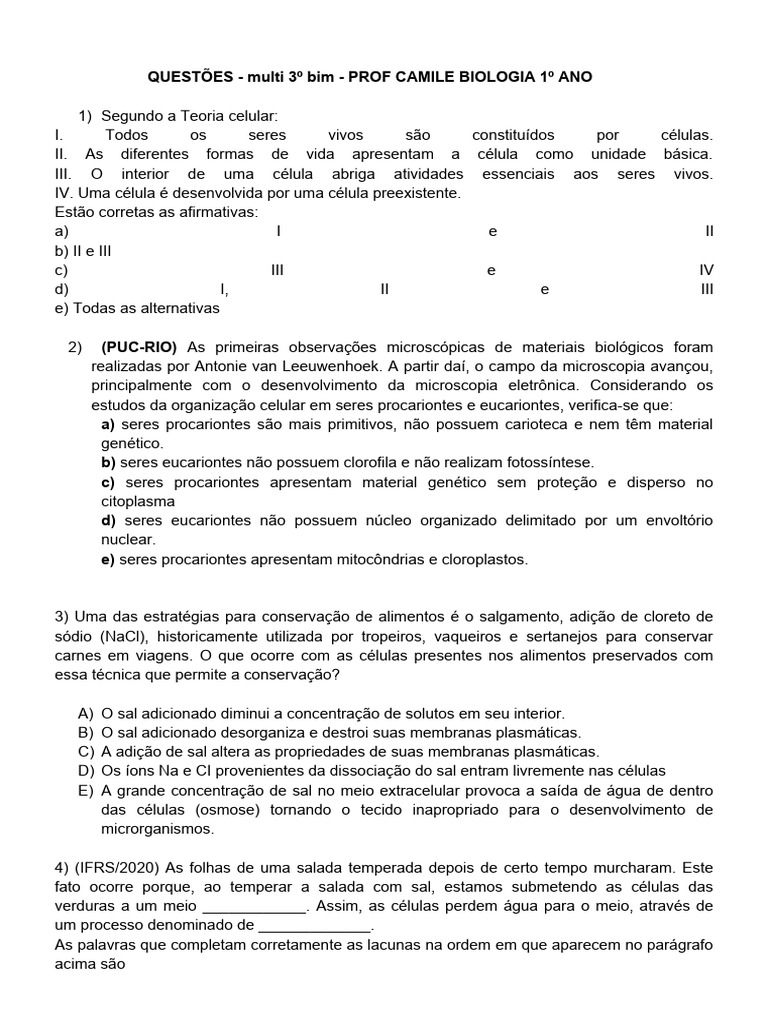 Questões Prova Multi 3 Bim 2023 1 - 2º Ano | PDF | Célula (Biologia ...