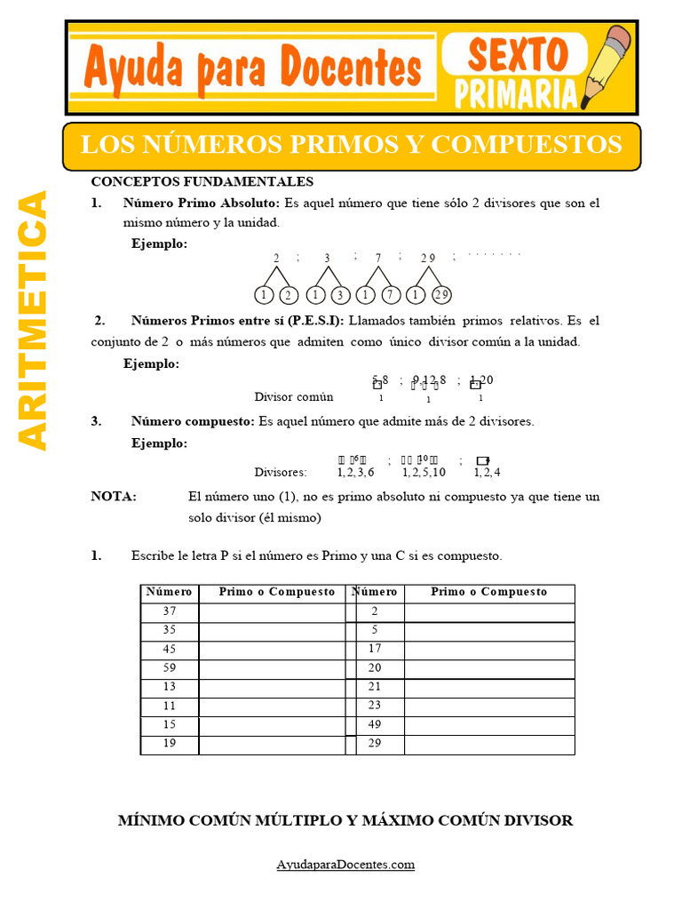 Fichas de Numeros Primos y Compuestos para Sexto de Primaria ...