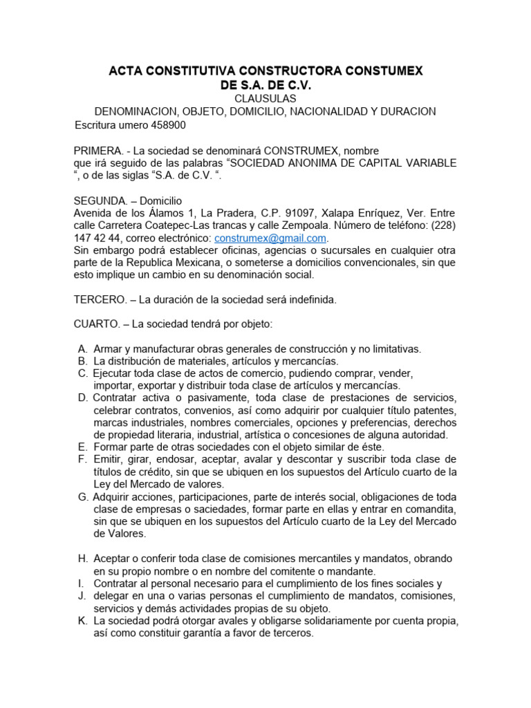 Acta Constitutiva de Empresa Constructora | PDF | Sociedad de responsabilidad limitada ...