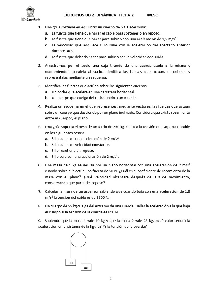 Ejercicios Ud2 Ficha2 Dinamica 4eso Fyq | PDF | Tensión (Física) | Aceleración