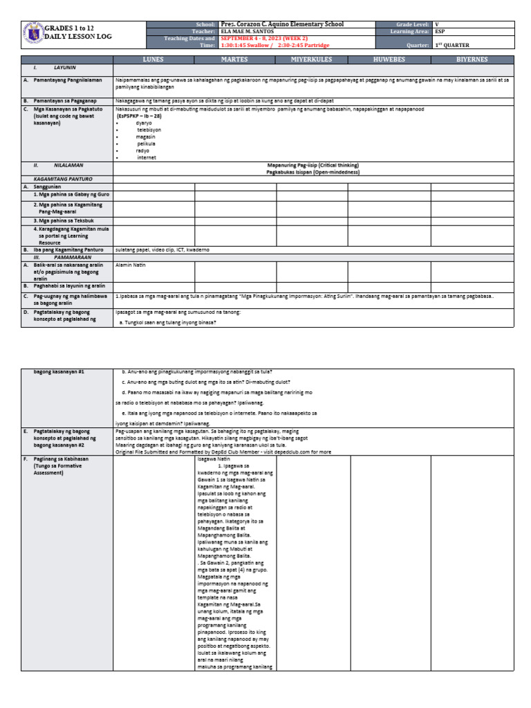 DLL - Esp 5 - Q1 - W2 | PDF