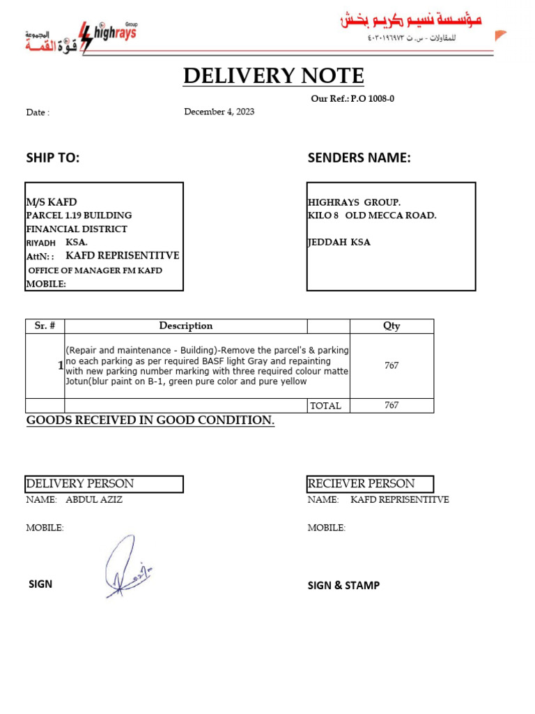 Delivery Note-Number Painting Kafd | PDF | Sheet Metal | Pipe (Fluid ...