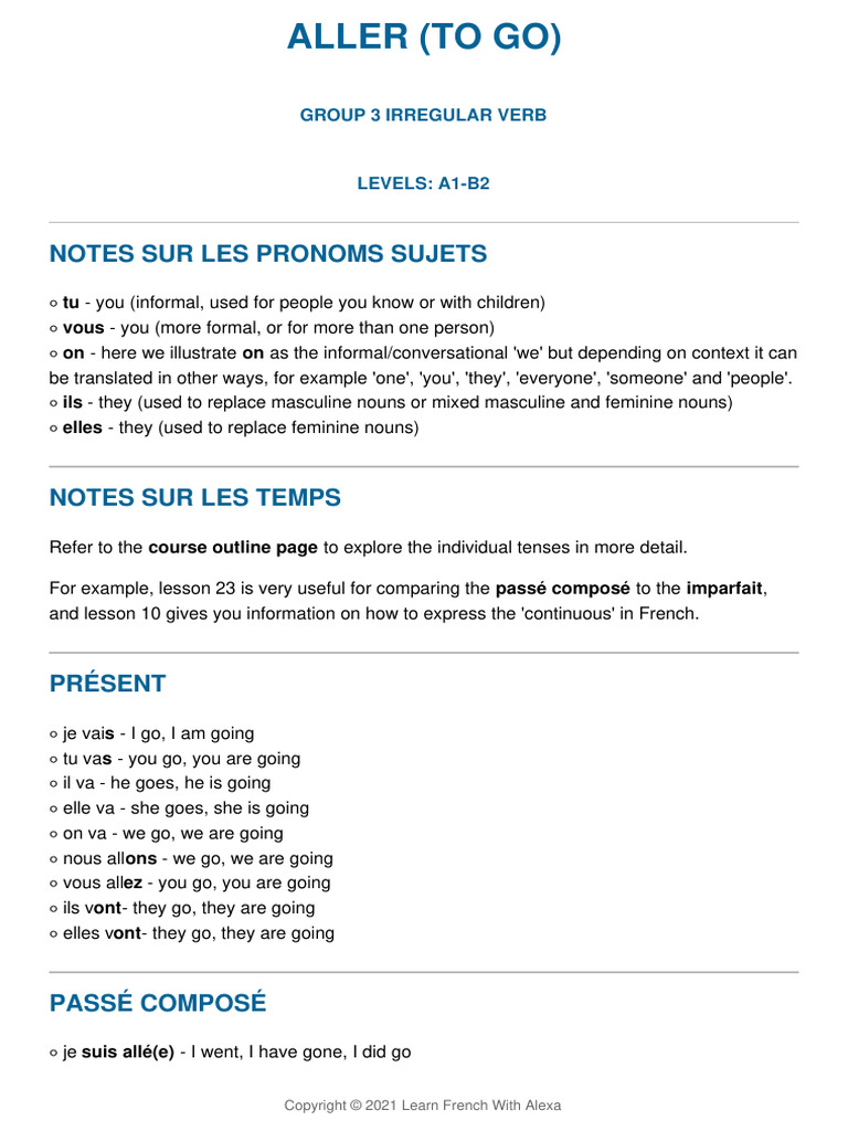 Aller To Go in 10 Main French Tenses | PDF | Linguistic Typology | Syntax