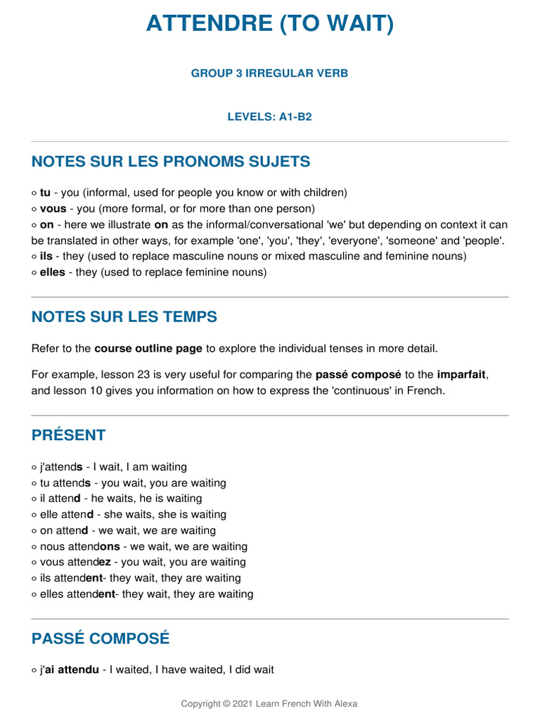 Attendre To Wait in 10 Main French Tenses | PDF | Language Families ...