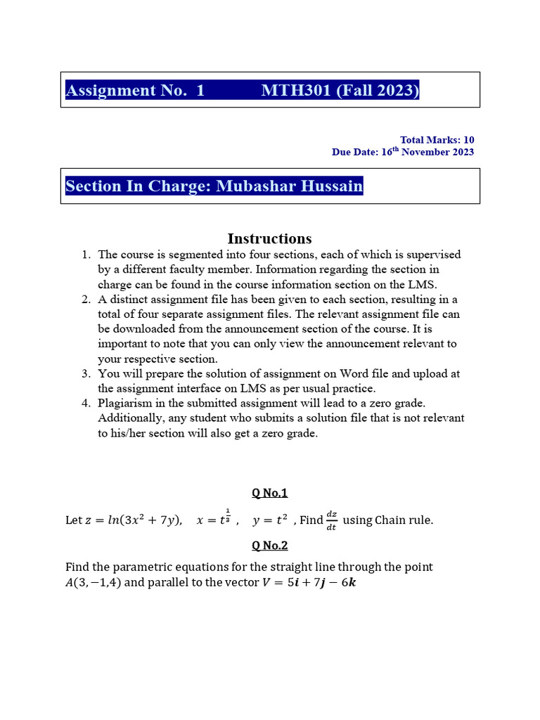 Assignment No.1 MTH301 Section Incharge Mubashar Hussain | PDF