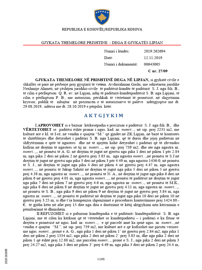 Aktgjykim: C Nr. 27/09 Gjykata Themelore Në Prishtinë Dega Në Lipjan, Si Gjykatë Civile E | PDF