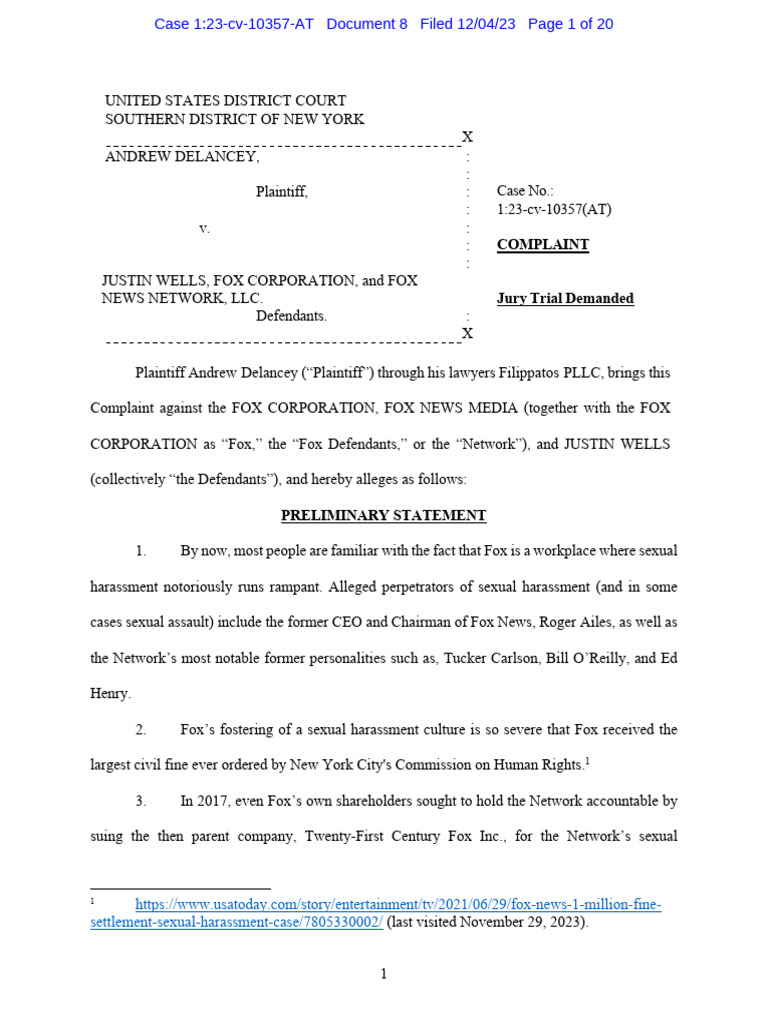 Andrew Delancey v. Justin Wells and Fox - Filed Complaint | PDF ...