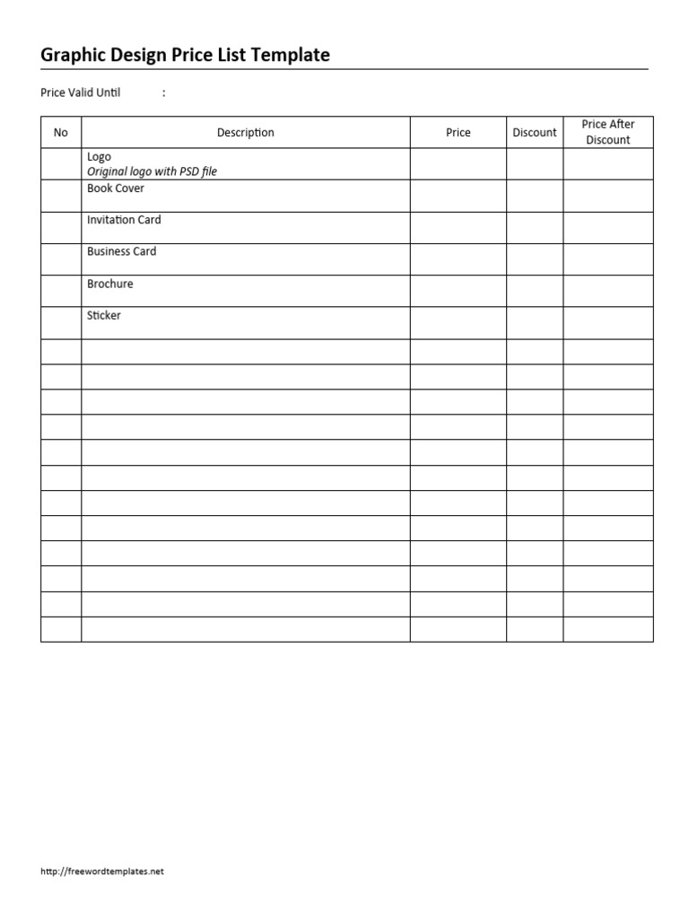 Graphic Design Price List Template - 5 Columns - Portrait | PDF