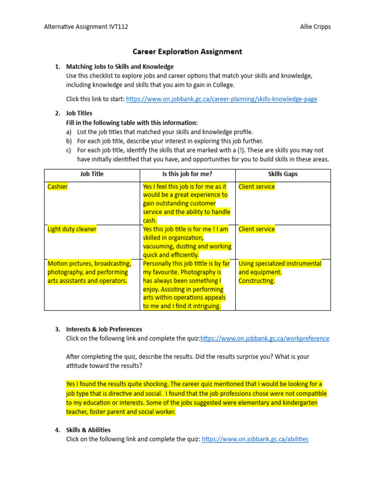 Career Exploration Assignment IVT112 | PDF | Psychological Concepts ...