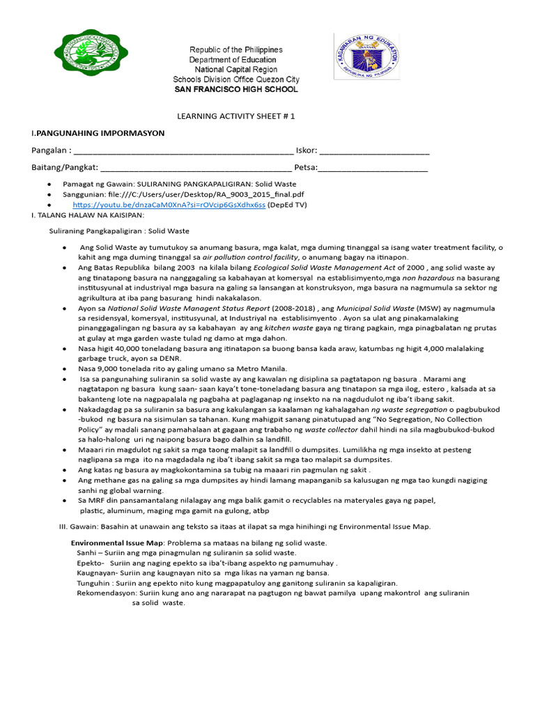 LEARNING ACTIVITY SHEET g10 | PDF