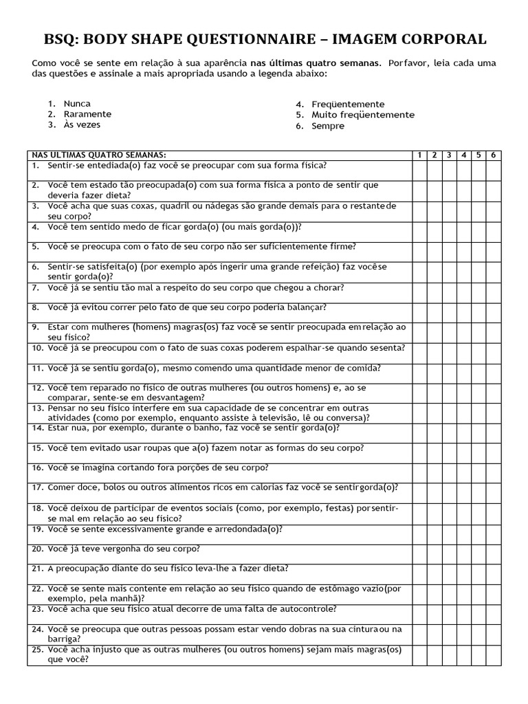 Questionário Sobre Imagem Corporal - BSQ | PDF | Carreira e Crescimento | Autoajuda
