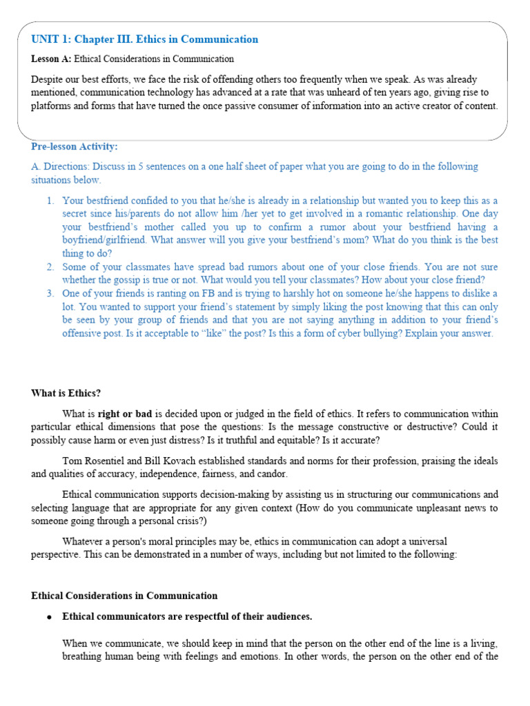 Unit 1 Chapter 3 Lesson A | PDF | Truth | Communication