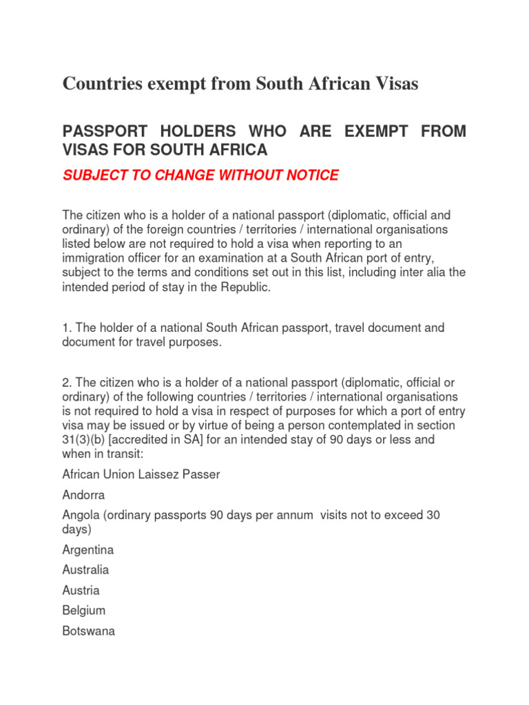 Countries Exempt From South African Visas New en | Download Free PDF ...