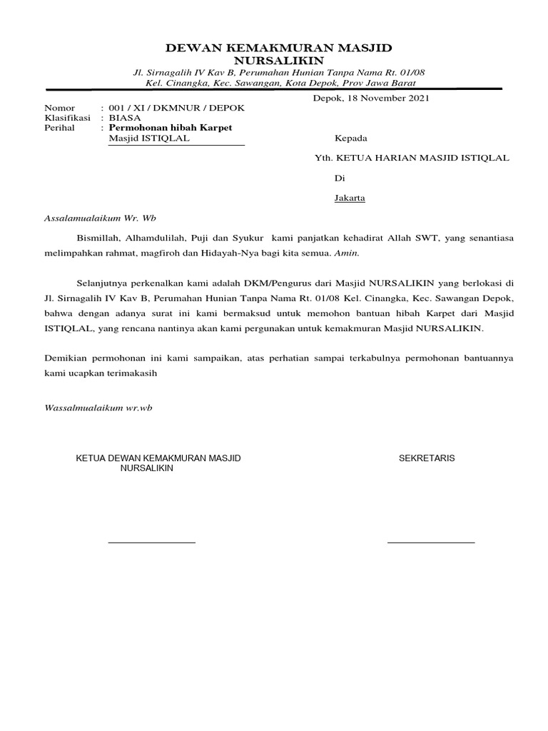 Contoh Surat Hibah Karpet Masjid | PDF