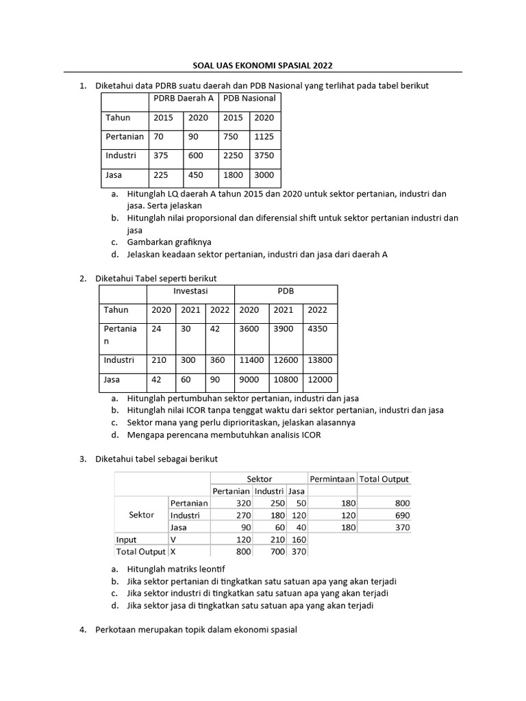 Soal Uas Ekonomi Spasial 2022 | PDF