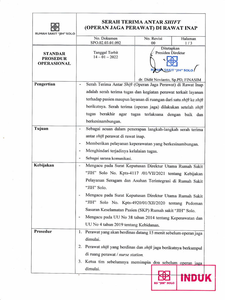 SPO.02.03.01.092 Serah Terima Antar Shift (Operan Jaga Perawat) Di Rawat Inap | PDF