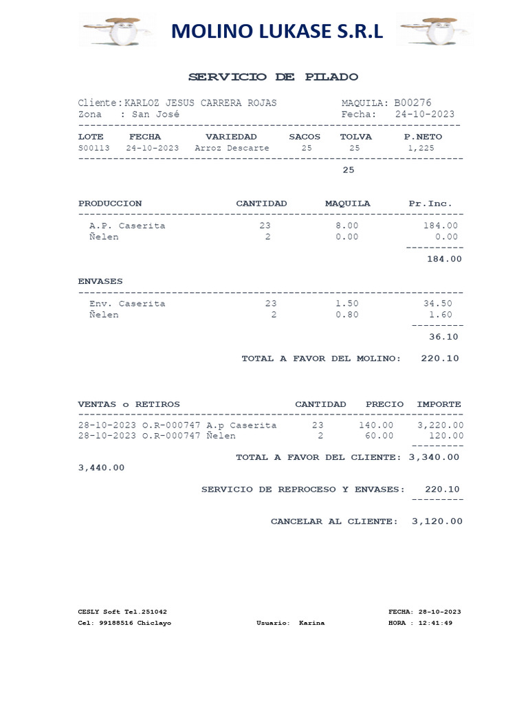 Informe de Servicio de Pilado de Arroz | PDF