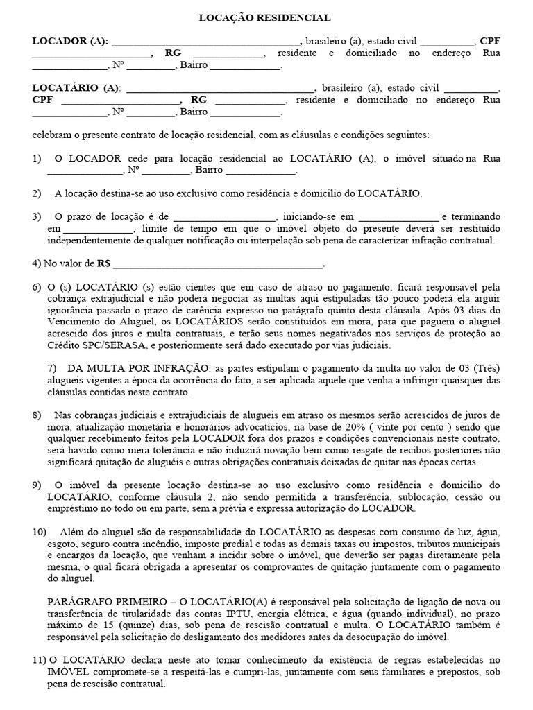 Modelo de Contrato de Locação Residencial | PDF | Aluguel | Indenização