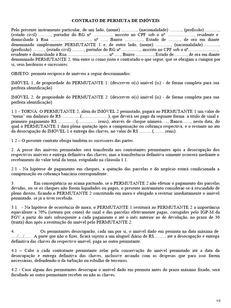 Modelo de Contrato de Permuta de Imóveis | PDF | Cheque (banco)