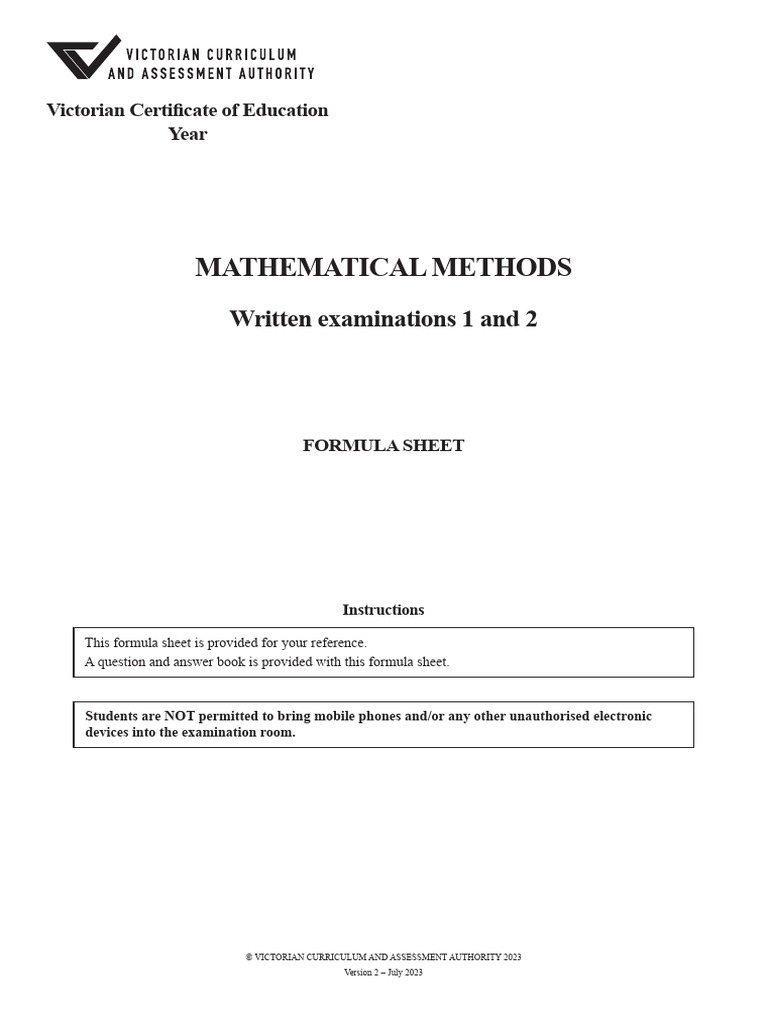 VCE Mathematical Methods Formula Sheet | PDF | Area | Mathematics