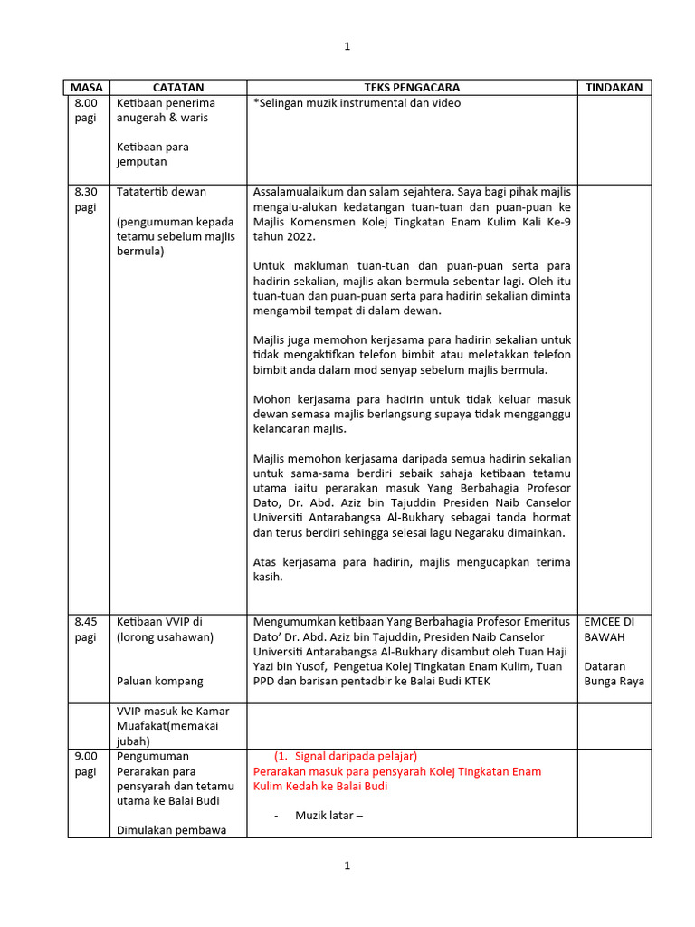 Teks Juruacara Majlis Komensmen Kali Ke-9 2022 Ktek | PDF