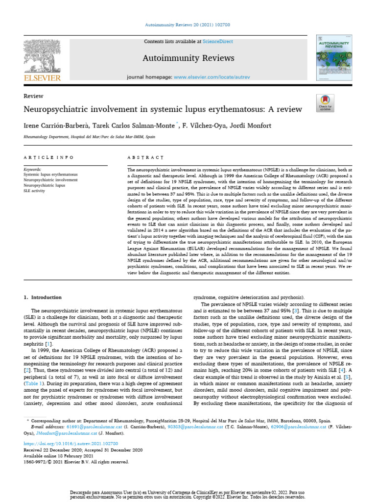Neuropsychiatric Involvement in Systemic Lupus Erythematosus A Review ...