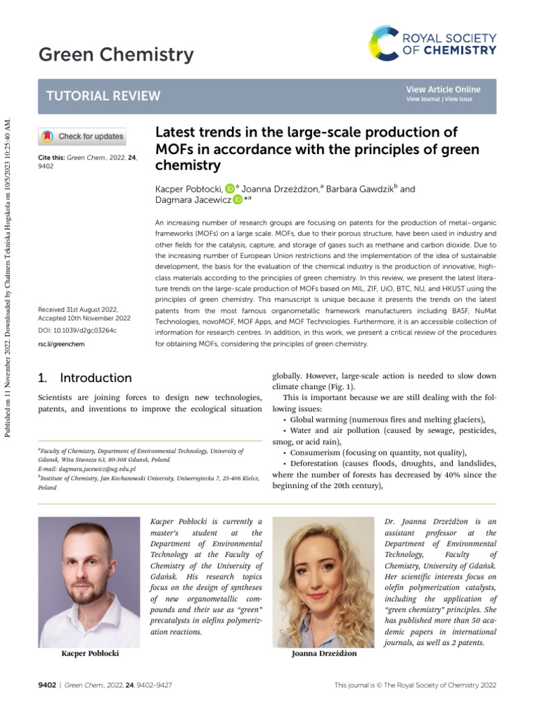 Trends in Large-Scale MOF Production | PDF | Chemistry | Physical Sciences