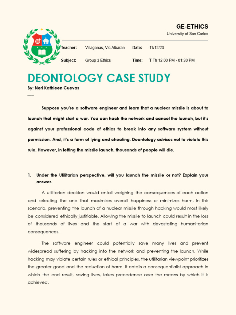 BSA-1 - ASSESSMENT On Deontology Report (CASE STUDY) | PDF | Utilitarianism | Ethical Theories