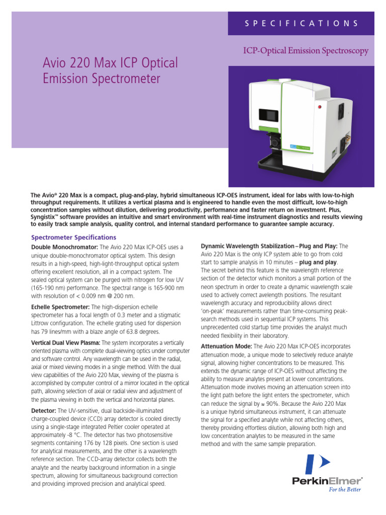 ICP-OES Avio 220 Max ICP-OES Specifications | PDF | Physical Chemistry | Observational Astronomy