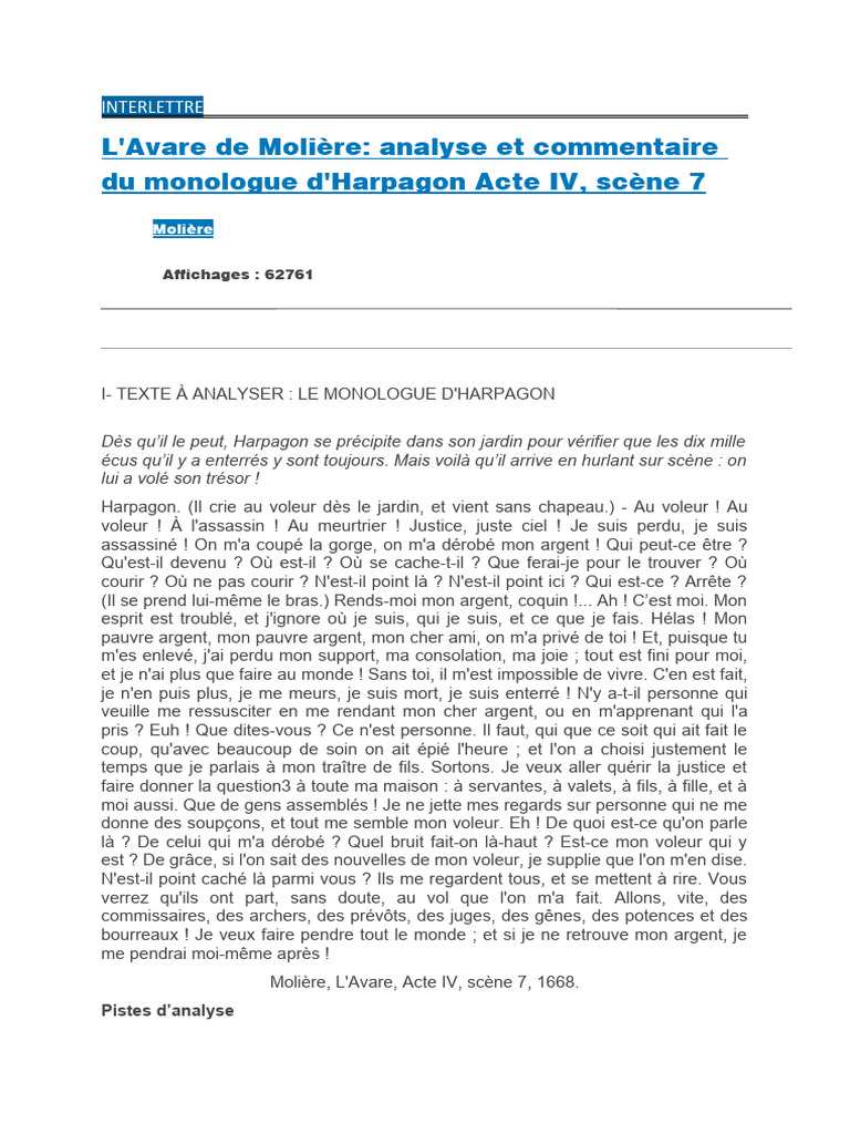 Monologue HARPAGON | PDF | Molière | Comédie