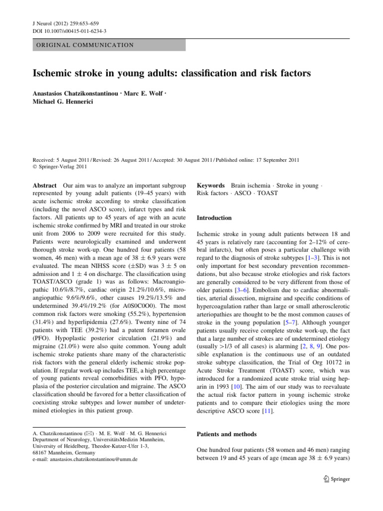 Ischemic Stroke in Young Adults: Classification and Risk Factors | PDF ...