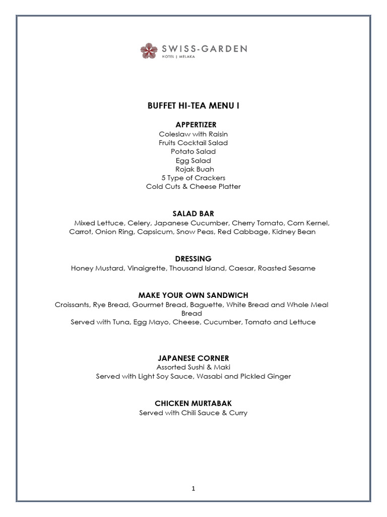 Weekend Hi Tea Menu 2023 - Updated Oct 2023 | PDF | Salad | Sauce