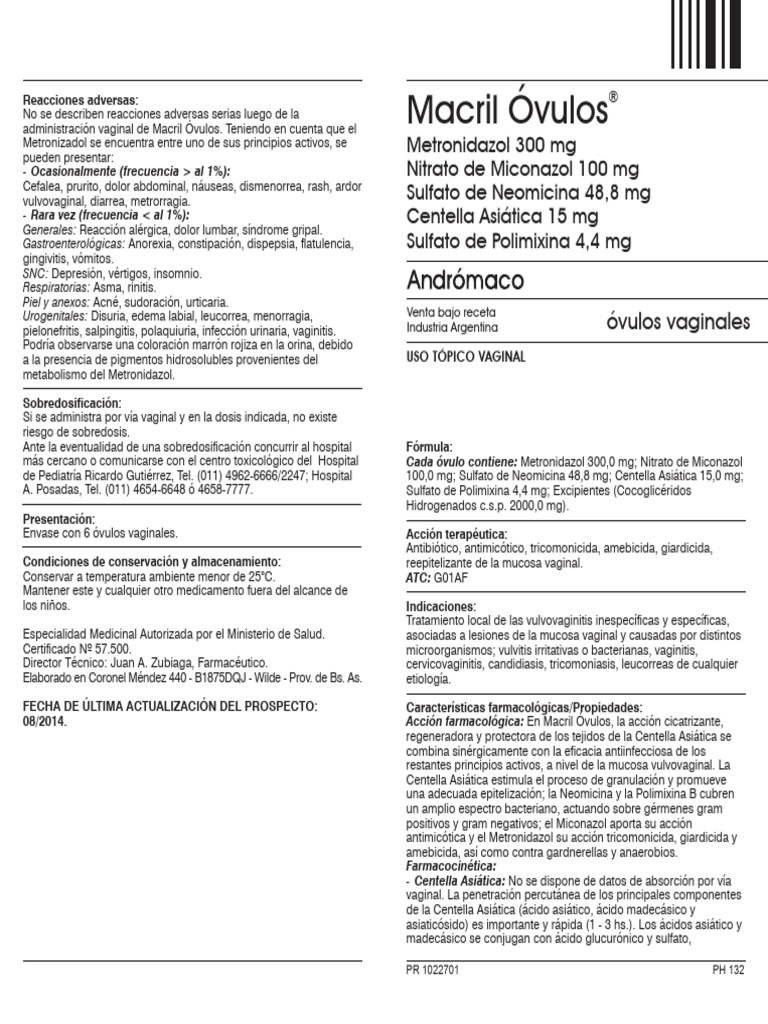 PR 1022701 Macril Ovulos | PDF | Farmacología | Enfermedades y trastornos