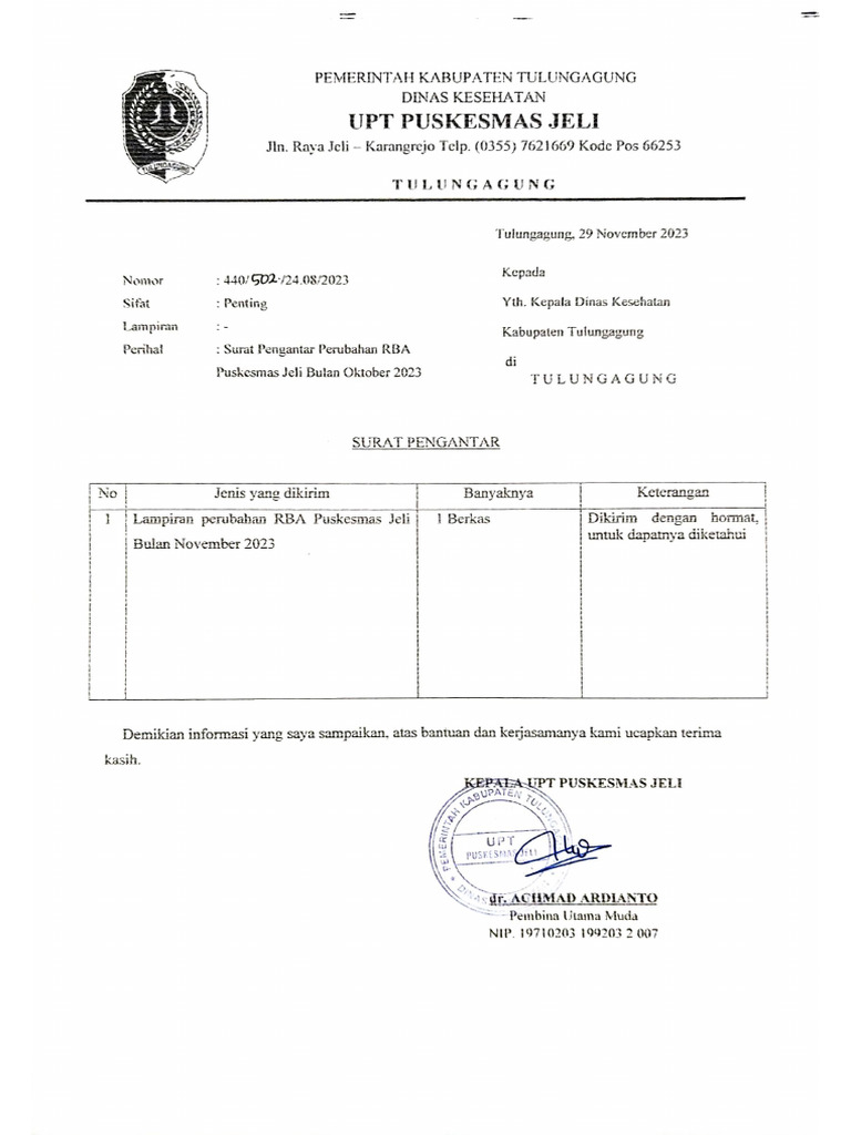 Surat Pengantar Perubahan RBA | PDF