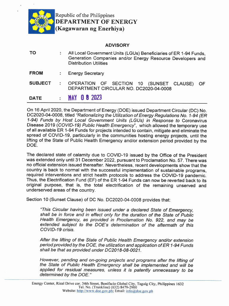 05 08 2023 Advisory Operation of Section 10sunset Clause of DC2020 04 ...