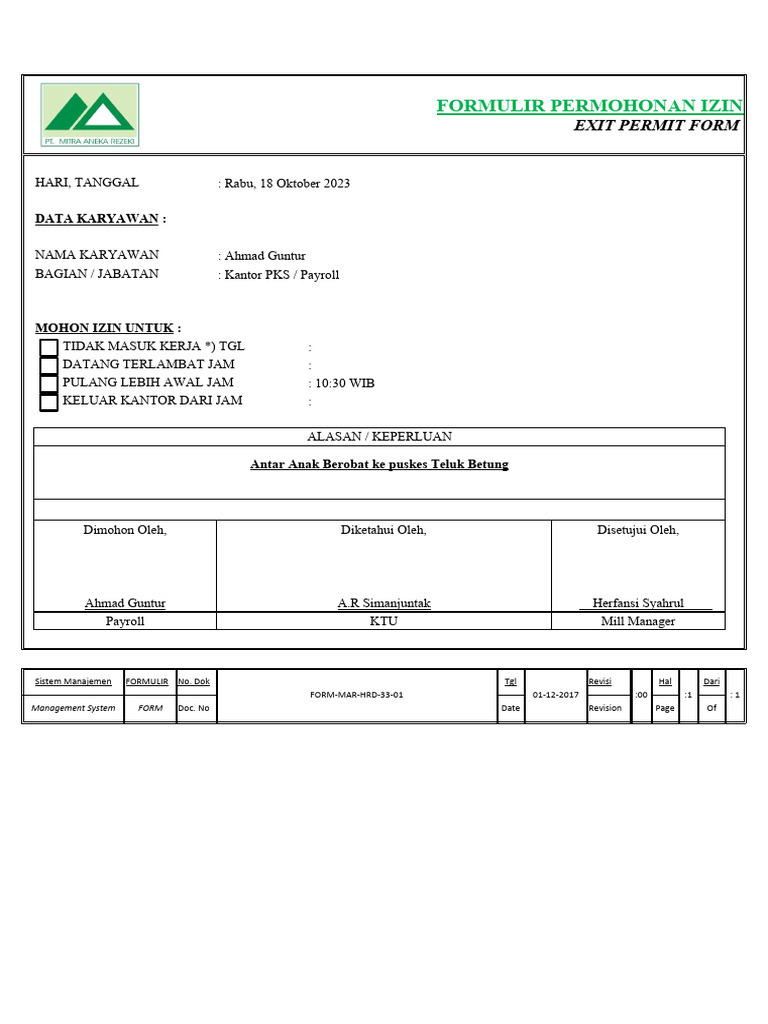 Form Permohonan Izin Setengah Hari | PDF