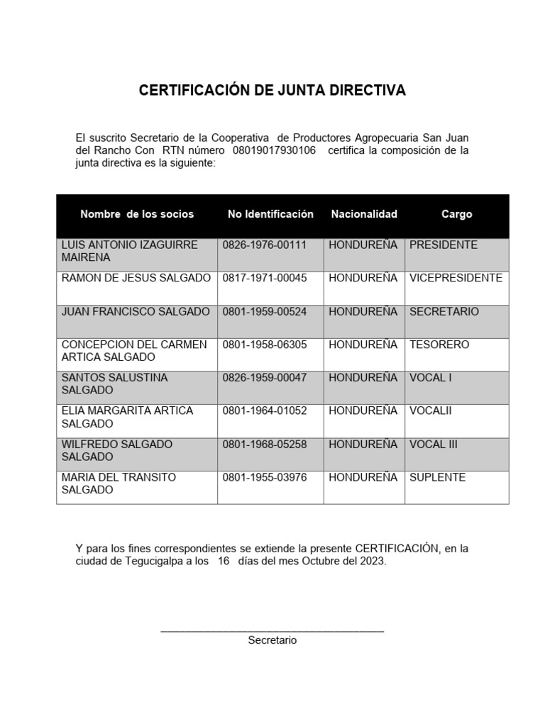 Certificacion de Junta Directiva | PDF