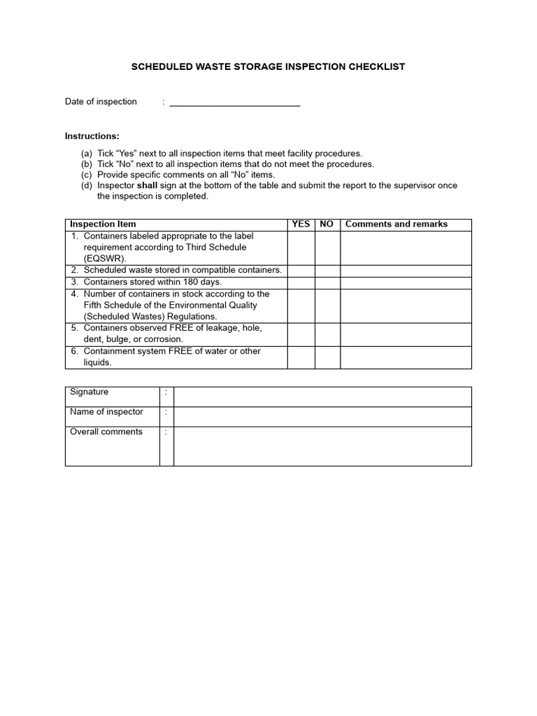 Scheduled Waste Storage Inspection Checklist Form | PDF | Technology & Engineering