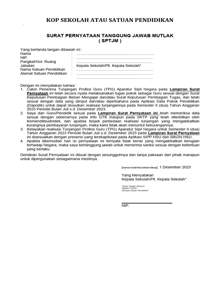 Format Baru Satdik Negeri Dan Swasta - SPTJM TPG Asn | PDF