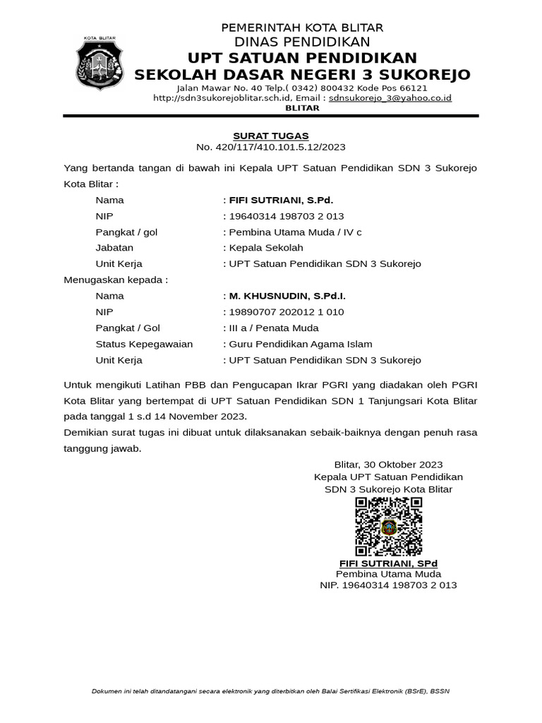 Surat Tugas Pak Khusnudin Latihan PBB Dan Ikrar Pgri | PDF