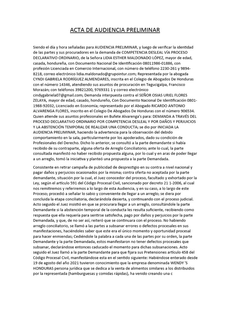 Acta de Audiencia Preliminar | Descargar gratis PDF | Mandato | Demanda ...