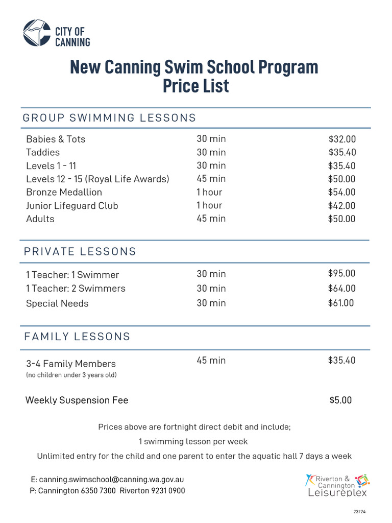 Canning Swim School Price List | PDF | Wellness