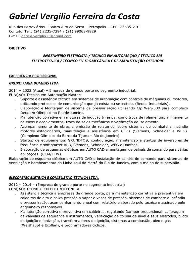 Gabriel Vergilio - Engenheiro - Técnico Elétrica | PDF