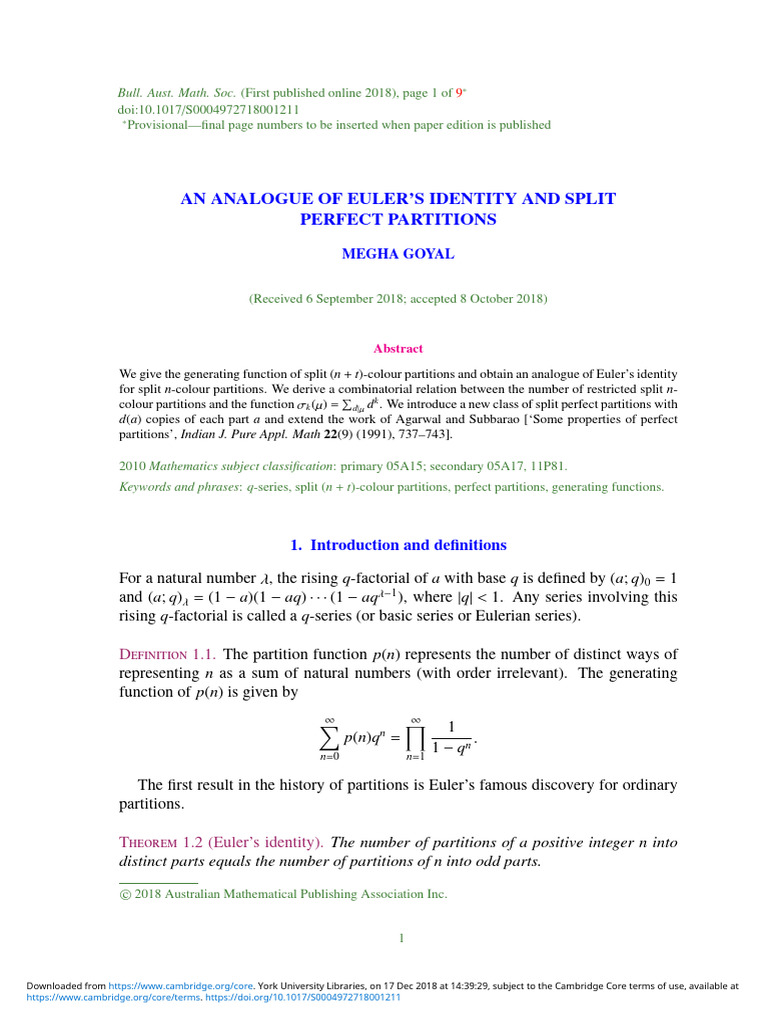 An Analogue of Euler's Identitiy and Split Perfect Partitions | PDF | Functions And Mappings ...