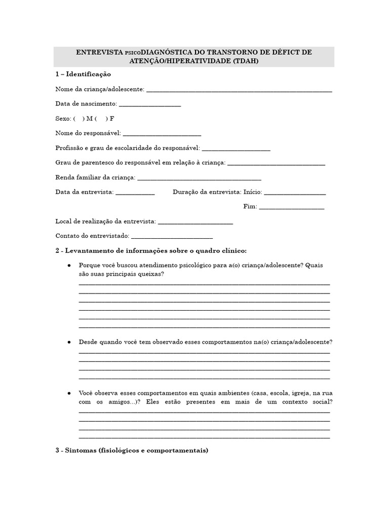 Questionário de TDAH - CRIANÇA E ADOLESCENTE | PDF | Transtorno de ...