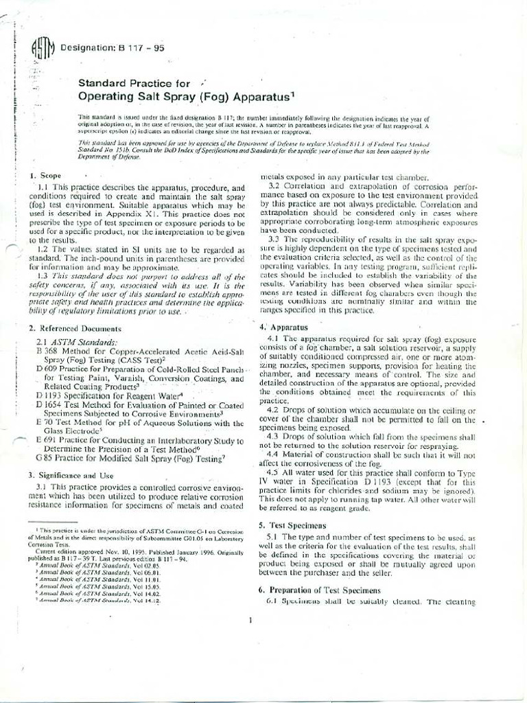 ASTM B117-95 Standarad Pratice For Operation Salt Spray (Fog) Apparatus | PDF