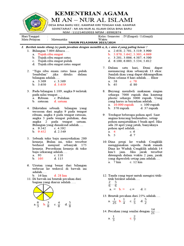 Soal Uas MTK Kelas 4 | PDF