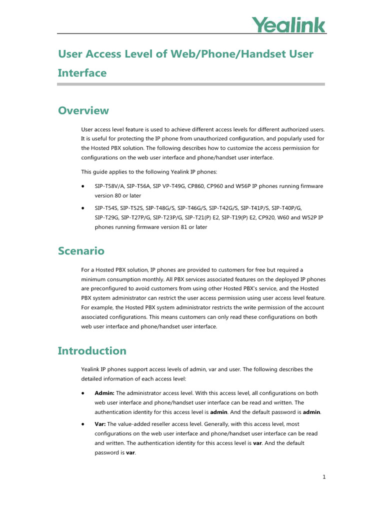 User Access Level of Web/Phone/Handset User Interface | PDF ...