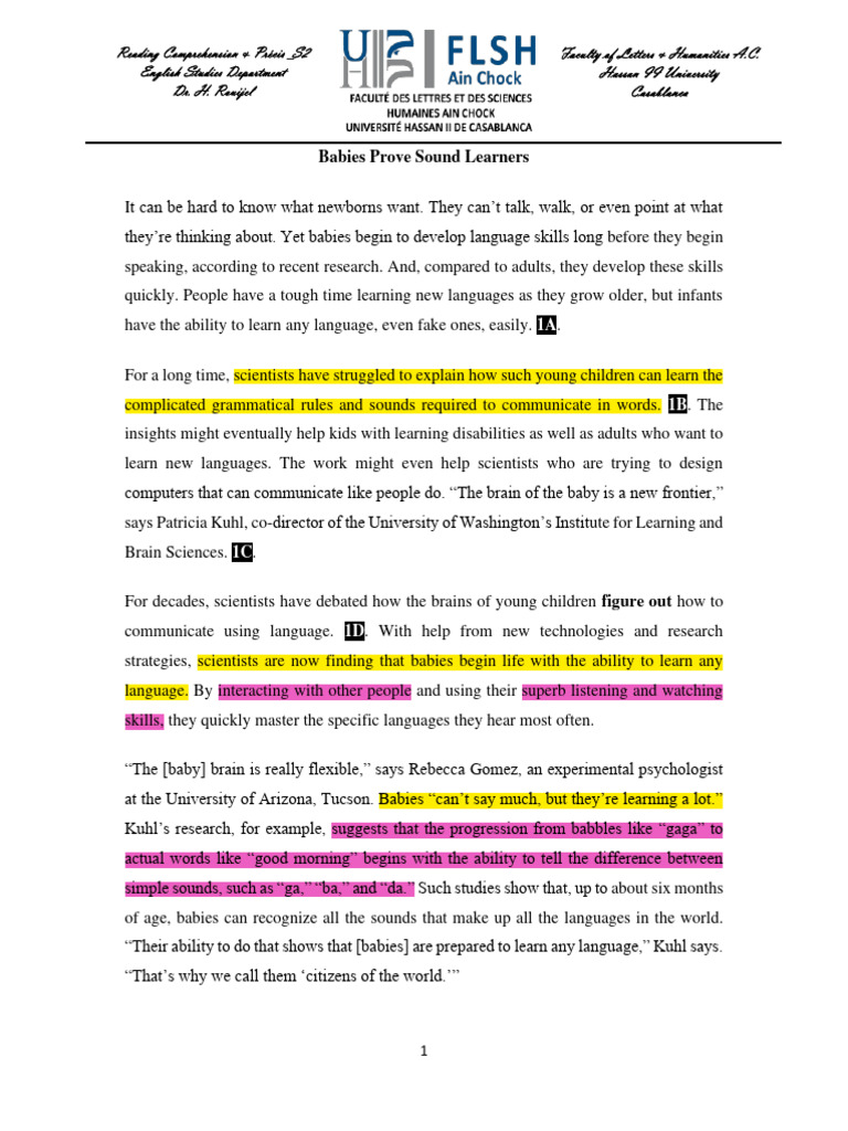 Text 4_Babies Prove Sound Learners_Handout | PDF | English Language ...