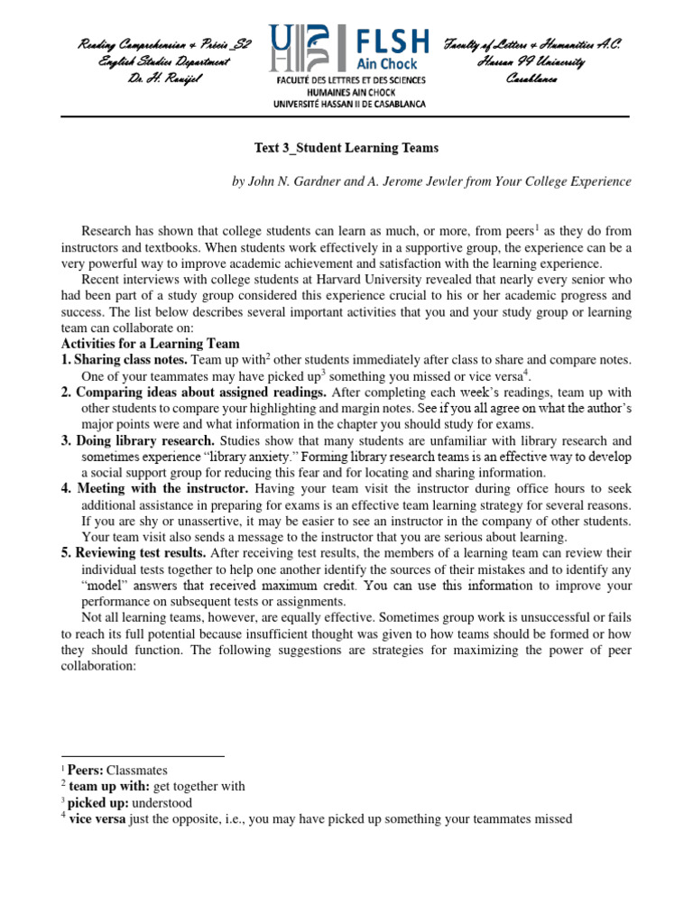 Text 3 - Student Learning Teams - Handout | PDF | Learning ...
